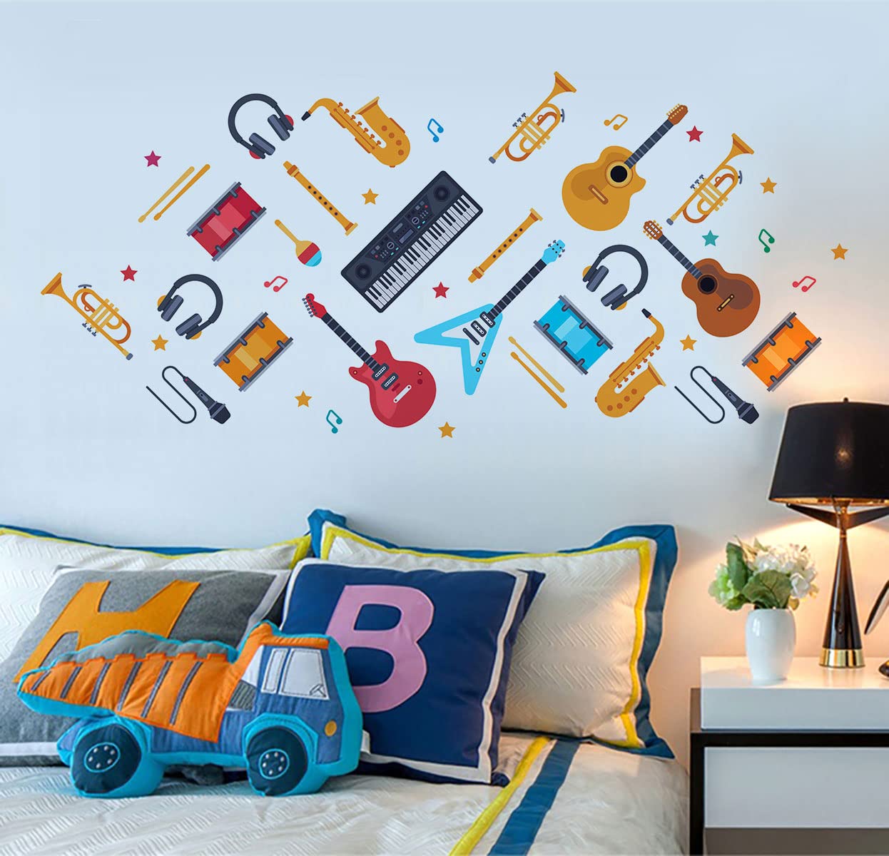 Music Instruments Decor Wall Decals for School Classroom,Guitar Drum Oboe Bass Decor Wall Stickers for Kids Room, Remove Vinyl Wallpaper Mural for Nursery