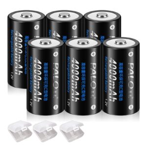 palowextra rechargeable c batteries ni-mh 1.2v 4000mah c size battery cell with storage case, 6 pack