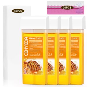 cenyeda roll on wax kit - hair removal cartridges, 4 pack honey wax rollers with 50 strips and 20 after-wax treatment wipes