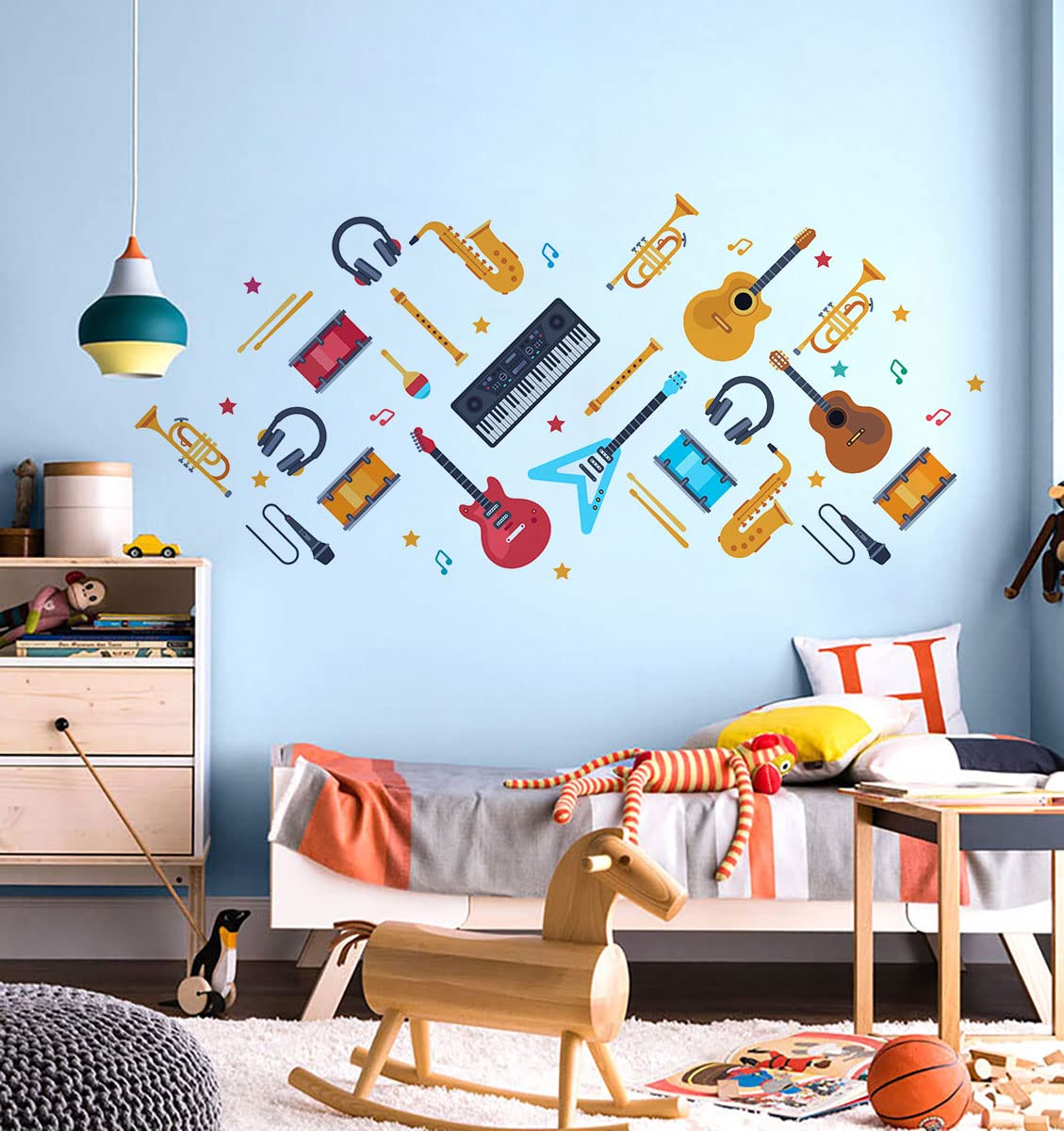 Music Instruments Decor Wall Decals for School Classroom,Guitar Drum Oboe Bass Decor Wall Stickers for Kids Room, Remove Vinyl Wallpaper Mural for Nursery