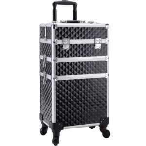 adazzo 3 in 1 professional rolling makeup train case aluminum trolley case with 360° rotation wheels for makuep artist cosmetic suitcase organizer with lock and key diamond pattern - black