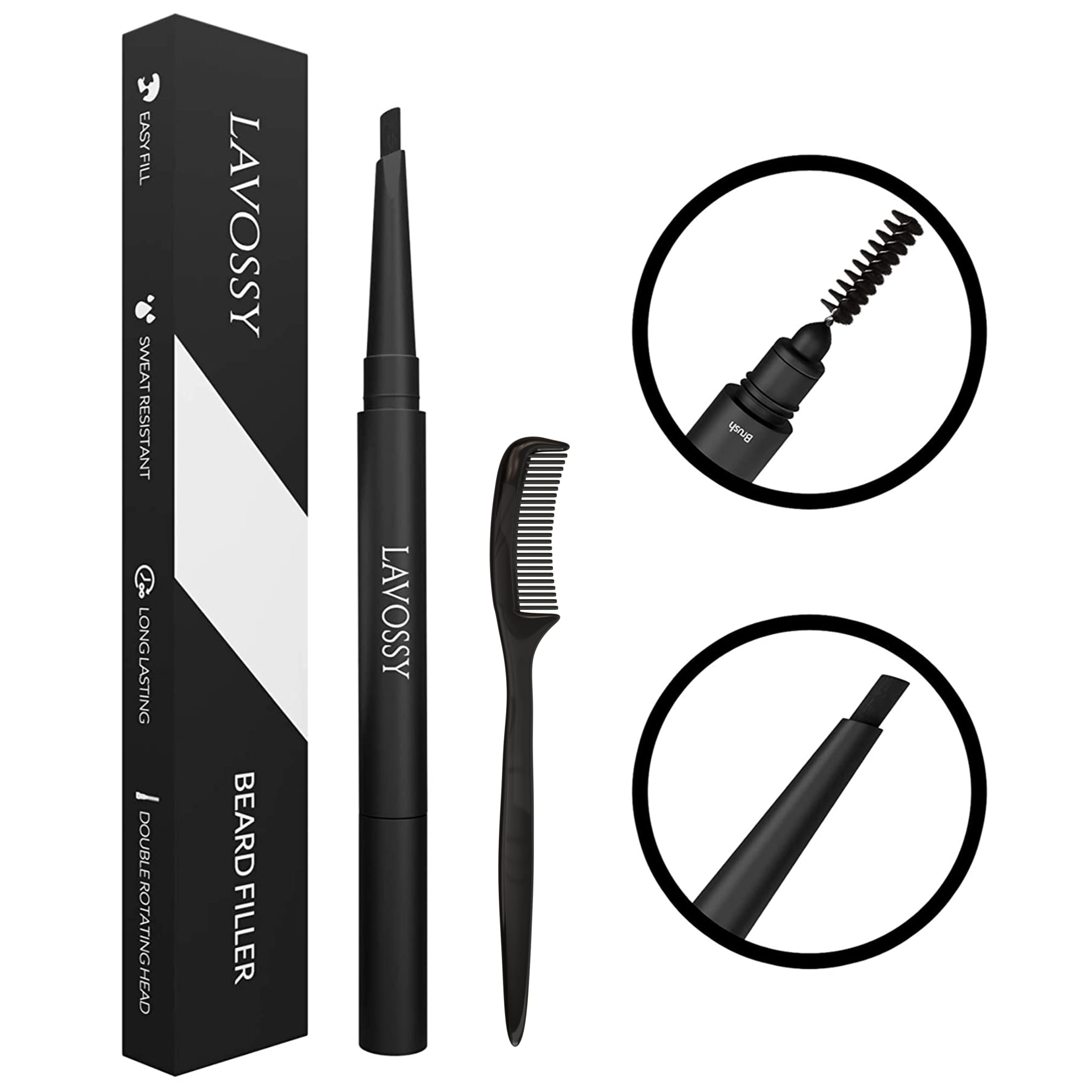 LAVOSSY Beard Pencil - DARK BROWN - Long Lasting and Easy to Use Beard Pen with Blending Brush for Sleek & Natural Look, Water/Sweat Proof