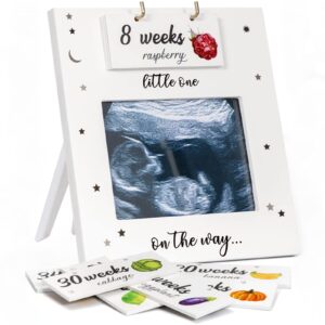 ultrasound picture frame, sonogram picture frame with belly bump fruit and vegetable signs, expecting parents to be unique gifts for pregnant women, pregnancy milestone to track baby grow, white