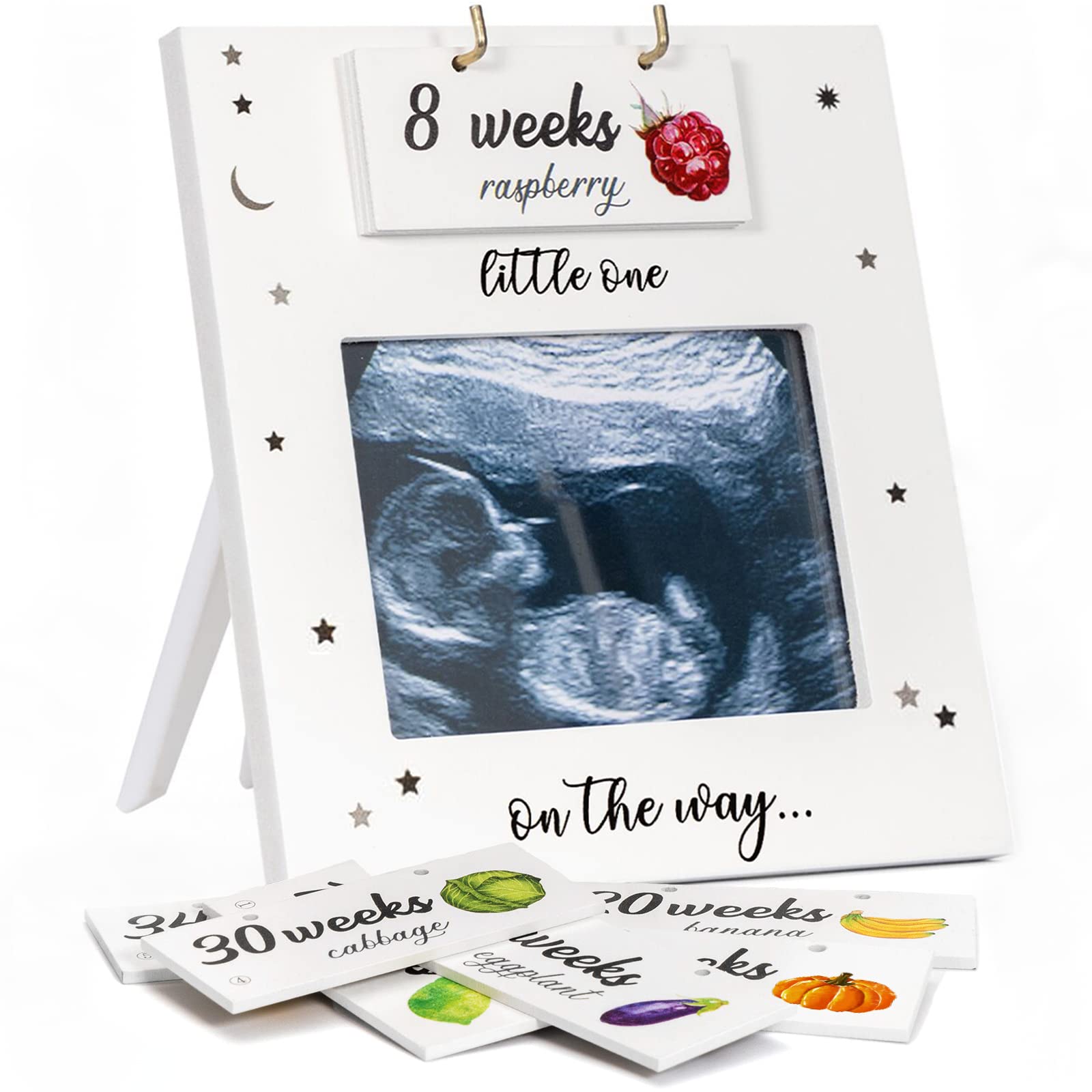 Ultrasound picture Frame, Sonogram Picture Frame with Belly Bump Fruit and Vegetable Signs, Expecting Parents to be Unique Gifts for Pregnant Women, Pregnancy Milestone to Track Baby Grow, White