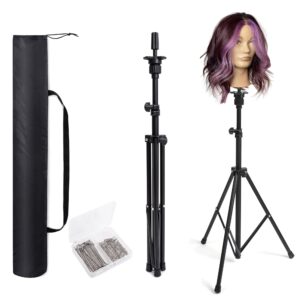 goodofferplace tall wig tripod stand,metal mannequin head stand adjustable for mannequin head,training canvas block head,for styling,wig making displaywith carrying bag,30 pcs t-pins(35.4-52.4 inch)