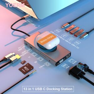 yoerm Docking Station USB C Hub 13-in-1 with Wireless Charging Station, USB C to HDMI, Ethernet, VGA, 5 USB and SD/TF, 100W PD, 3.5mm Audio