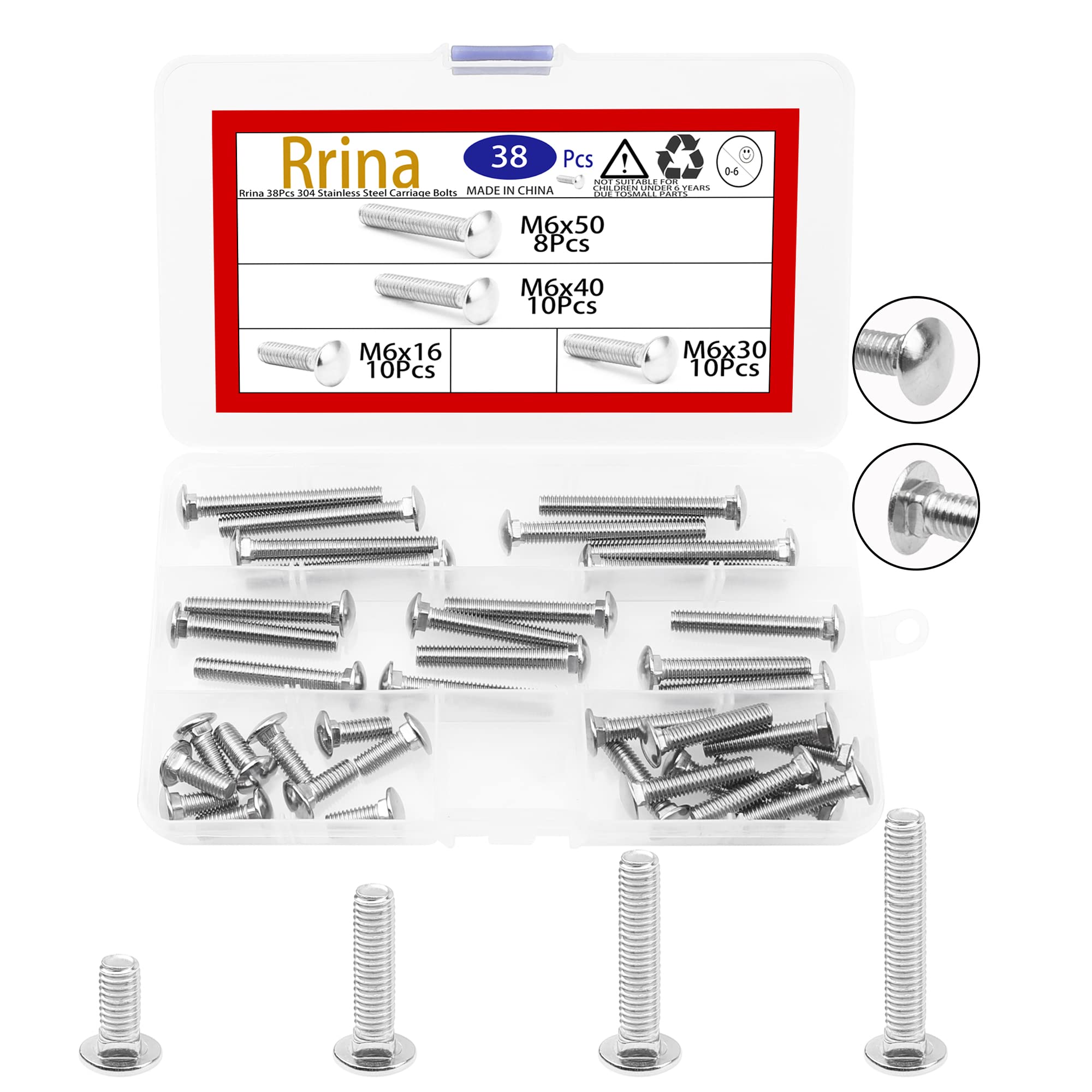 Rrina 38Pcs 304 Stainless Steel Carriage Bolts Round Head Square Neck Screws Coach Bolt Assortment Kit, 5 Sizes M6x16/30/40/50