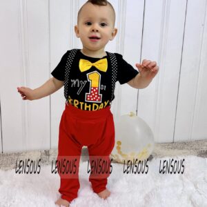 LENSOUS Baby Boys First Birthday Cake Smash Outfits Bowtie One Year Old Romper Pants Set（Red,18-24 Months）