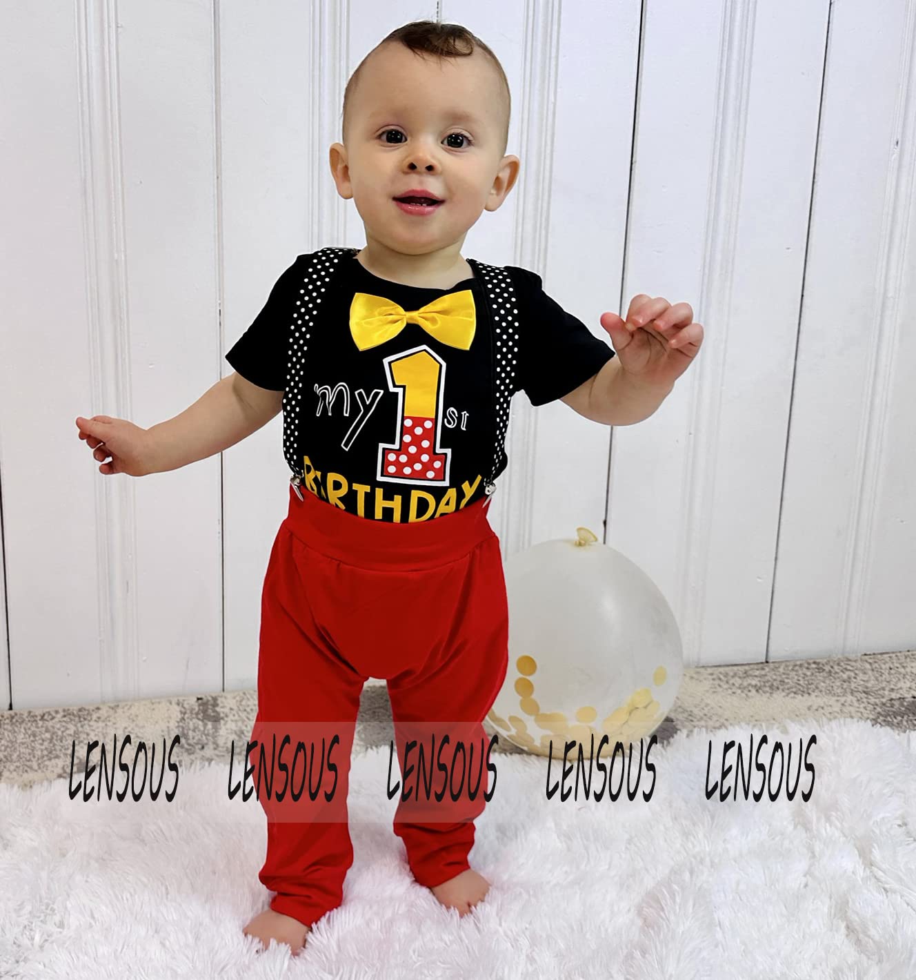 LENSOUS Baby Boys First Birthday Cake Smash Outfits Bowtie One Year Old Romper Pants Set（Red,18-24 Months）