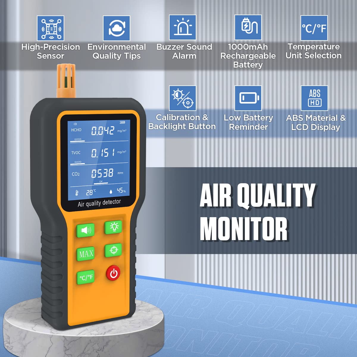 CMTOOL Air Quality Monitor Indoor Outdoor Home Air Quality Tester Analyzer CO2 Meter Portable Carbon Dioxide Formaldehyde Detector Testing Kit with Digital Temperature Humidity Sensor HCHO TVOC Test