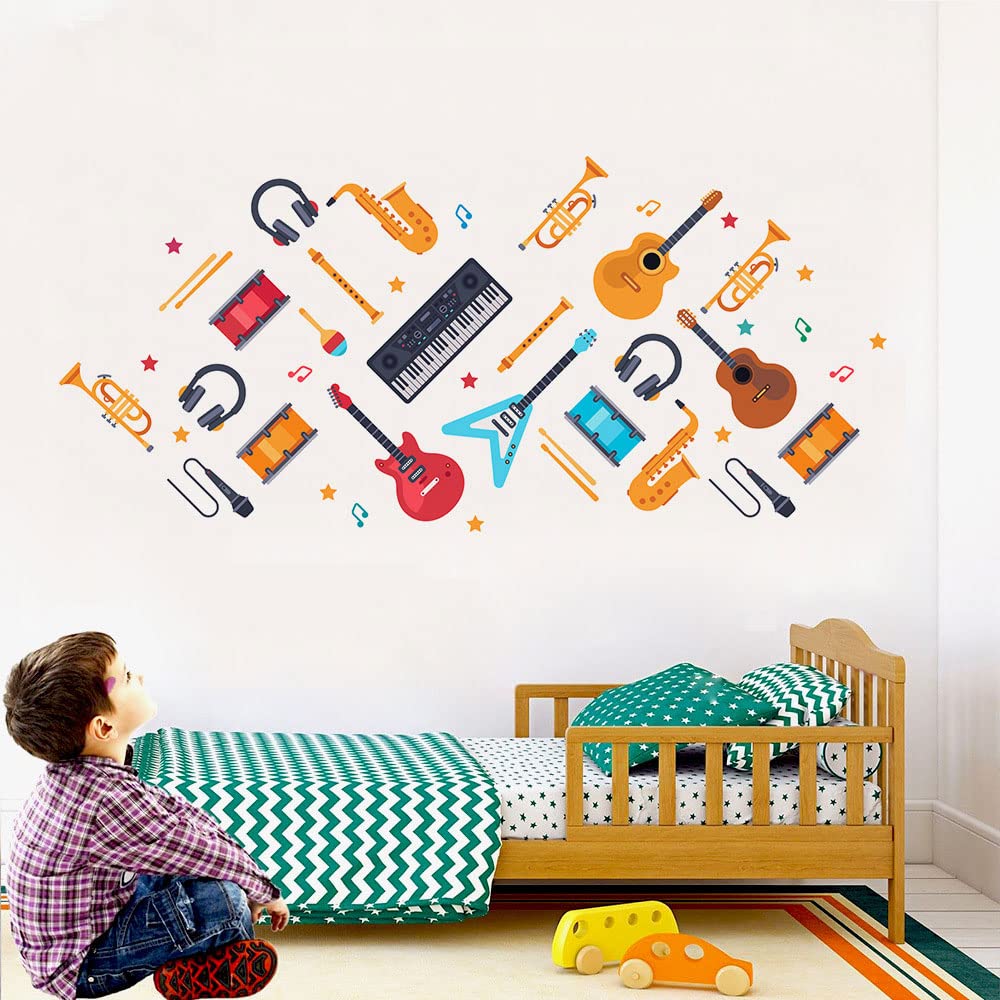 Music Instruments Decor Wall Decals for School Classroom,Guitar Drum Oboe Bass Decor Wall Stickers for Kids Room, Remove Vinyl Wallpaper Mural for Nursery