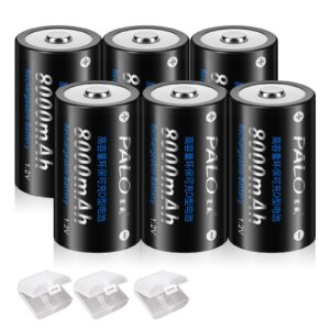 palowextra rechargeable d batteries ni-mh 1.2v 8000mah d size battery cell with storage case, 6 pack