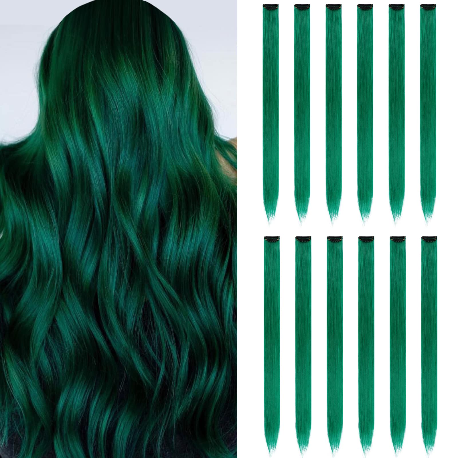 12PCS Colored Green Hair Extensions Party Highlights Colorful Clip in Hair Extensions 22 Inch Straight Synthetic Hairpieces for Women Kids Girls Halloween Christmas Cosplay(Green)