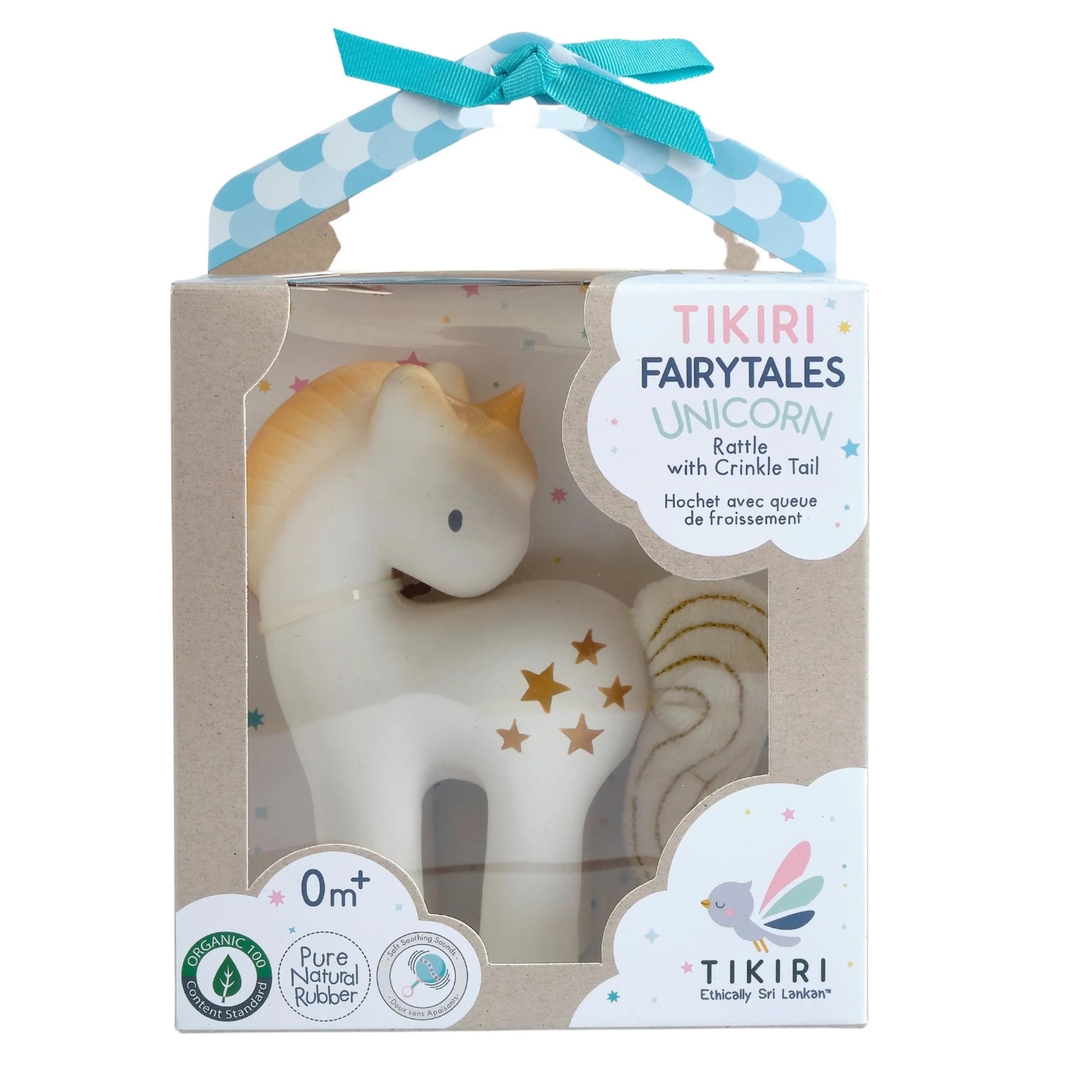 Tikiri Shining Stars Unicorn Organic Natural Rubber Rattle with Crinkle Wings