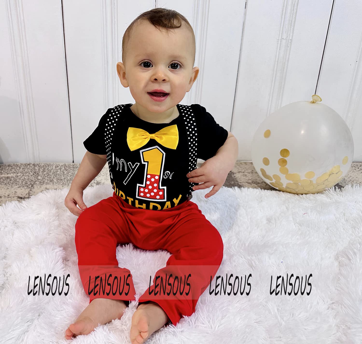 LENSOUS Baby Boys First Birthday Cake Smash Outfits Bowtie One Year Old Romper Pants Set（Red,18-24 Months）