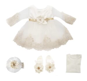 newborn baby girl lace dress set, 4 pieces outfit for special occasions (us, age, 0 months, white, gold belt)