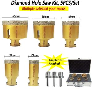 Antengdatool Dry/Wet Diamond Hole Saw Set - 5 Pieces/Box Porcelain/Tile Core Drill Bits Kit for Ceramic Marble Brick Granite Stones for Angle Grinder(25/35/40/50/60mm)