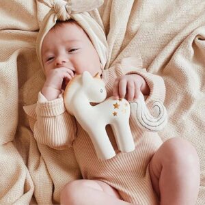 Tikiri Shining Stars Unicorn Organic Natural Rubber Rattle with Crinkle Wings