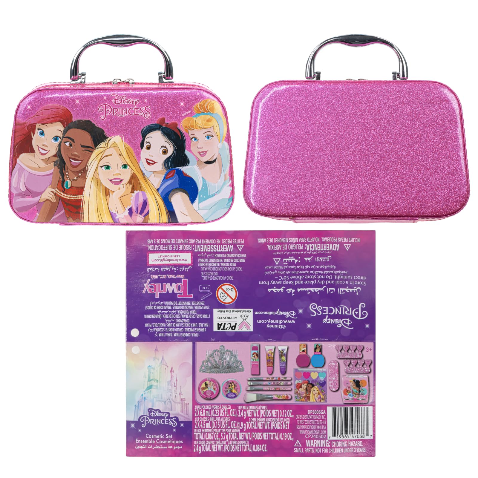 Townley Girl Disney Princess Tiana, Cinderella, Jasmine, Moana and Ariel Fashion Purse Set with Makeup, Toys Gift for 3 4 5 6 7 8 9 10 11 12 Years Old Kid