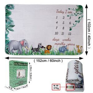 vmaisi Baby Milestone Blanket Gifts - Newborn Boy & Girl Monthly Year Infant Growth Blankets Nursery Swaddling Blankets (Green Animals - Baby, Double Printed)