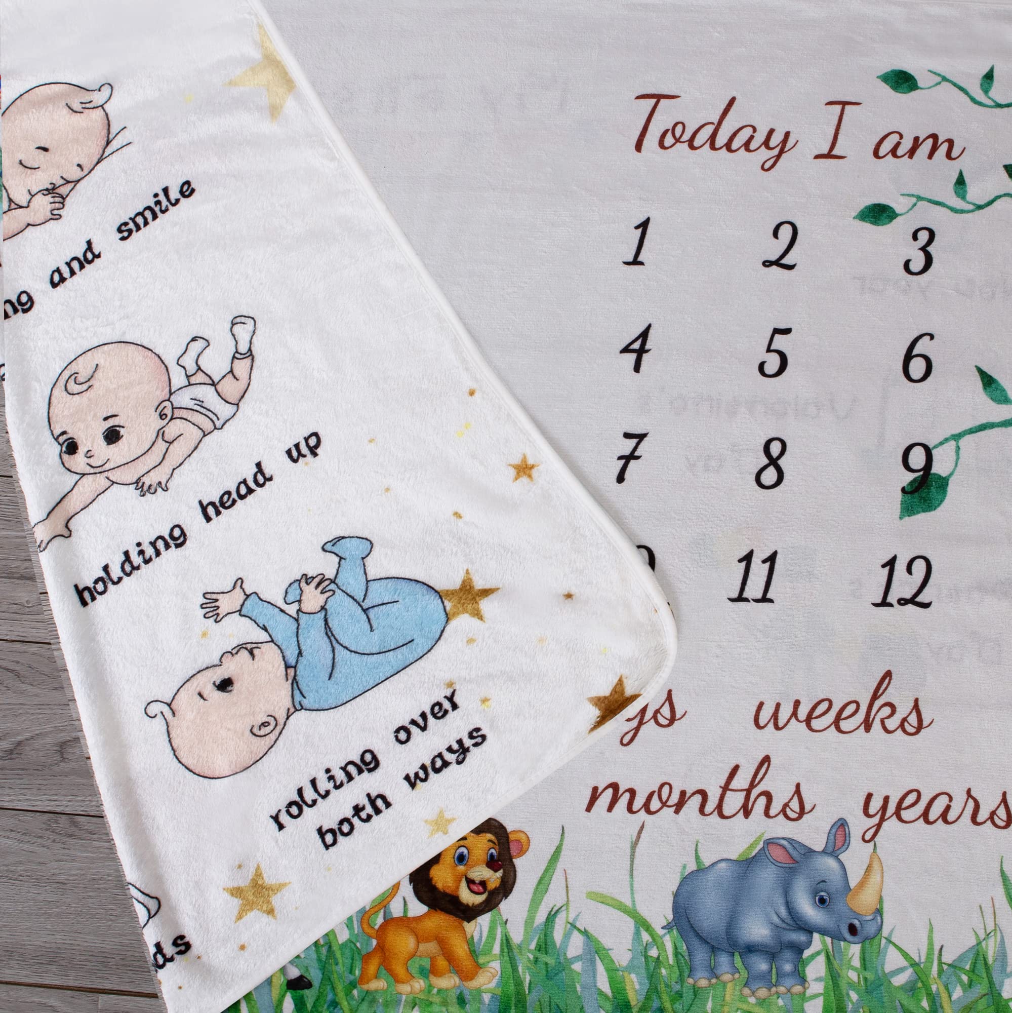 vmaisi Baby Milestone Blanket Gifts - Newborn Boy & Girl Monthly Year Infant Growth Blankets Nursery Swaddling Blankets (Green Animals - Baby, Double Printed)