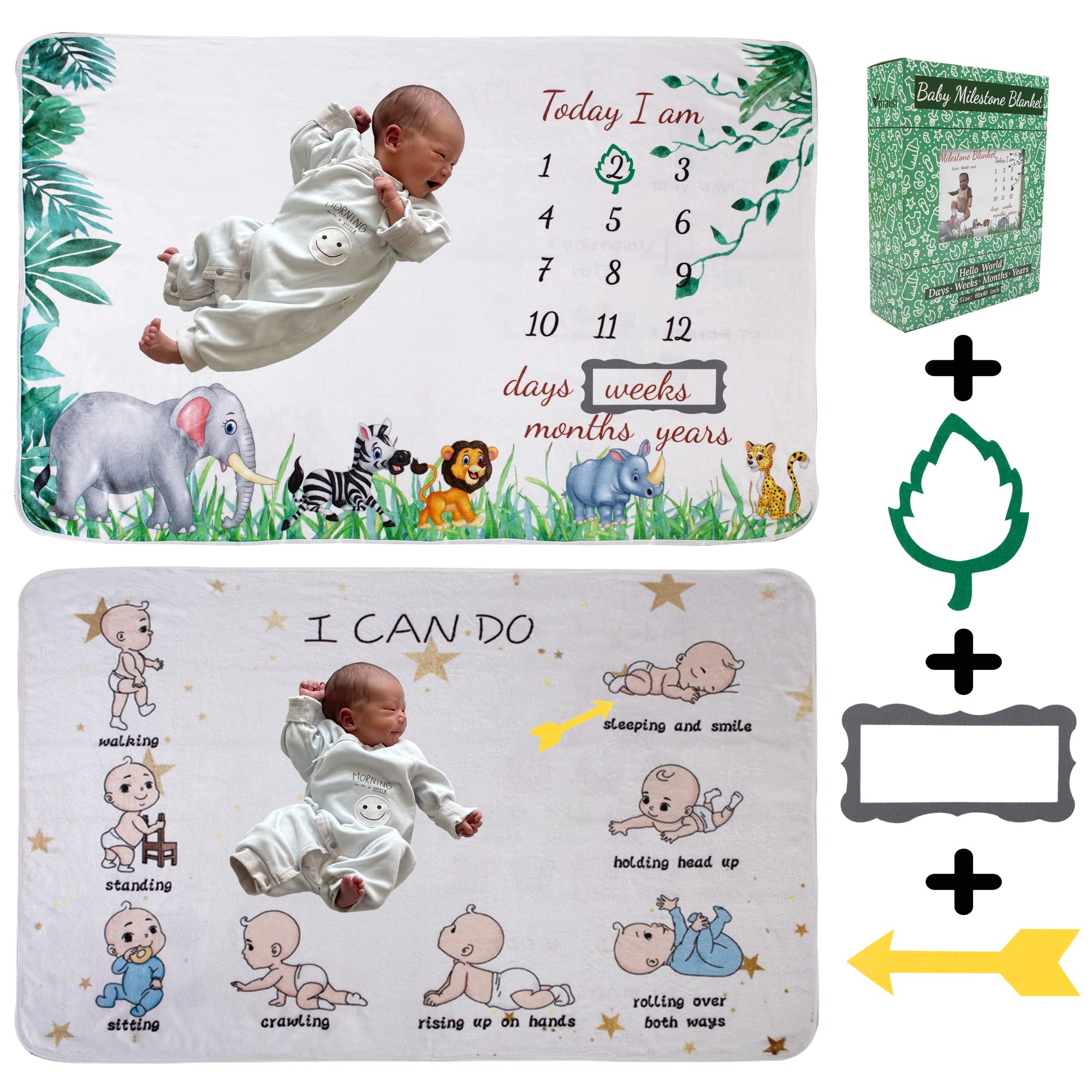 vmaisi Baby Milestone Blanket Gifts - Newborn Boy & Girl Monthly Year Infant Growth Blankets Nursery Swaddling Blankets (Green Animals - Baby, Double Printed)