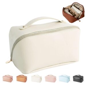 mingri large capacity travel cosmetic bag for women,portable pu leather makeup bag water resistant,flat open multifunctional storage travel toiletry bag with divider and handle(white)