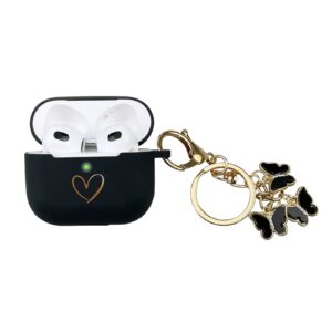 aiiekz compatible with airpods 3 case cover 2021, soft silicone case with gold heart pattern for airpods 3rd generation case with cute butterfly keychain for girls women (black)