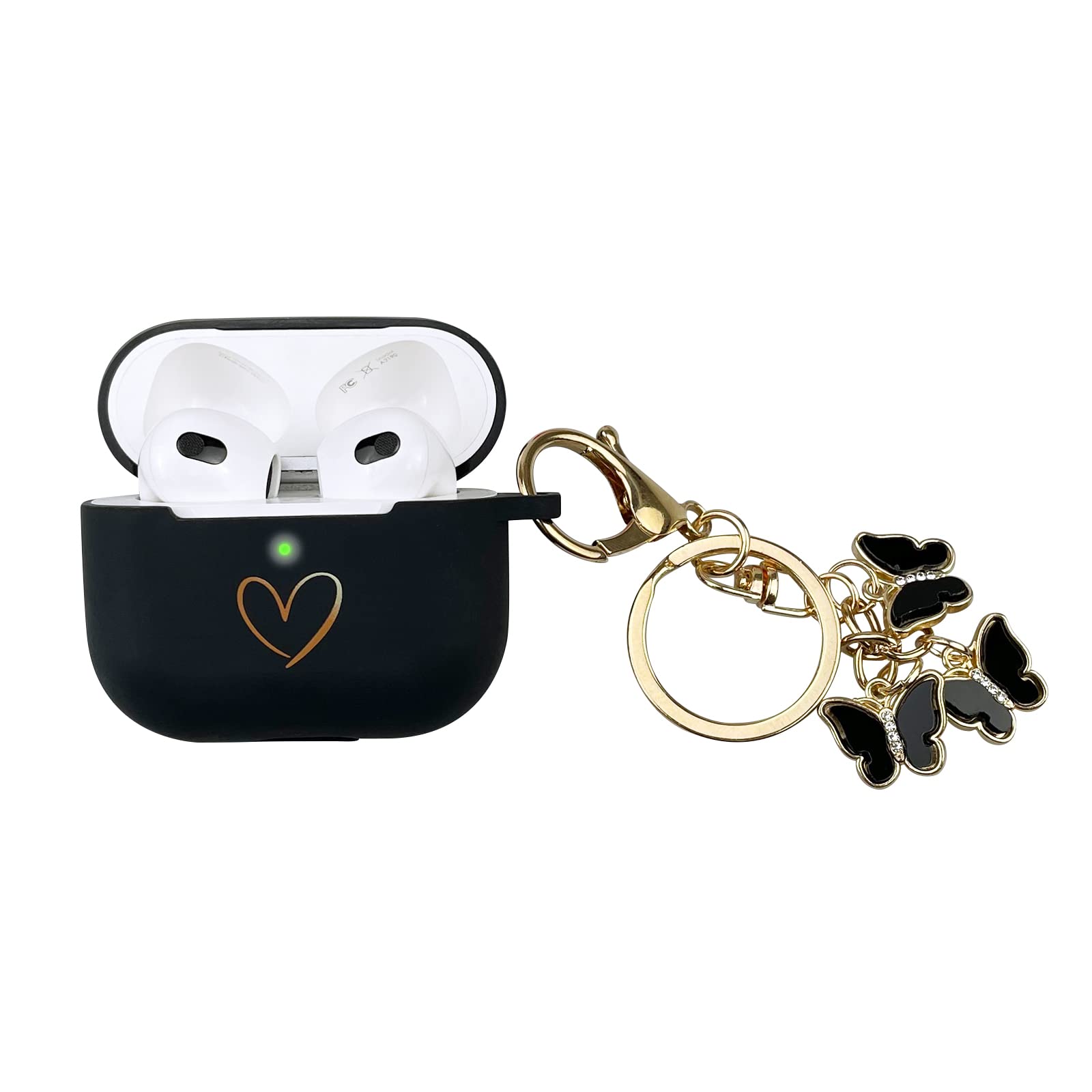 AIIEKZ Compatible with AirPods 3 Case Cover 2021, Soft Silicone Case with Gold Heart Pattern for AirPods 3rd Generation Case with Cute Butterfly Keychain for Girls Women (Black)