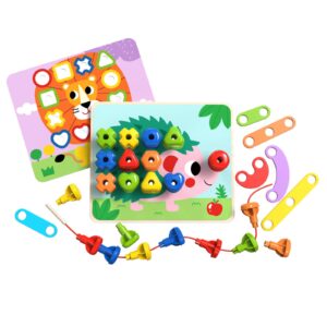 TOOKYLAND Peg Board Stacking Toy - 53pcs - Color and Shape Matching Game with Lacing Beads, Learning Sensory Pegboard Set for Kids 3 Years Old +