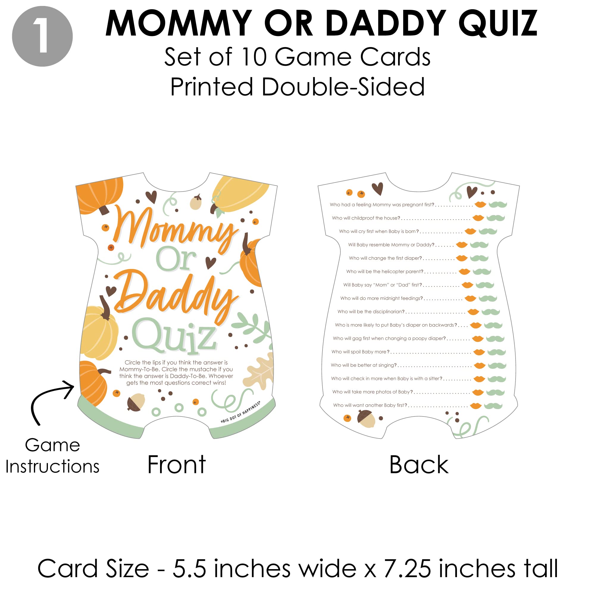 Big Dot of Happiness Little Pumpkin Decorations, 4 Fall Baby Shower Games, 10 Cards Each - Who Knows Mommy Best, Mommy or Daddy Quiz, What’s in Your Purse and Oh Baby - Gamerific Bundle