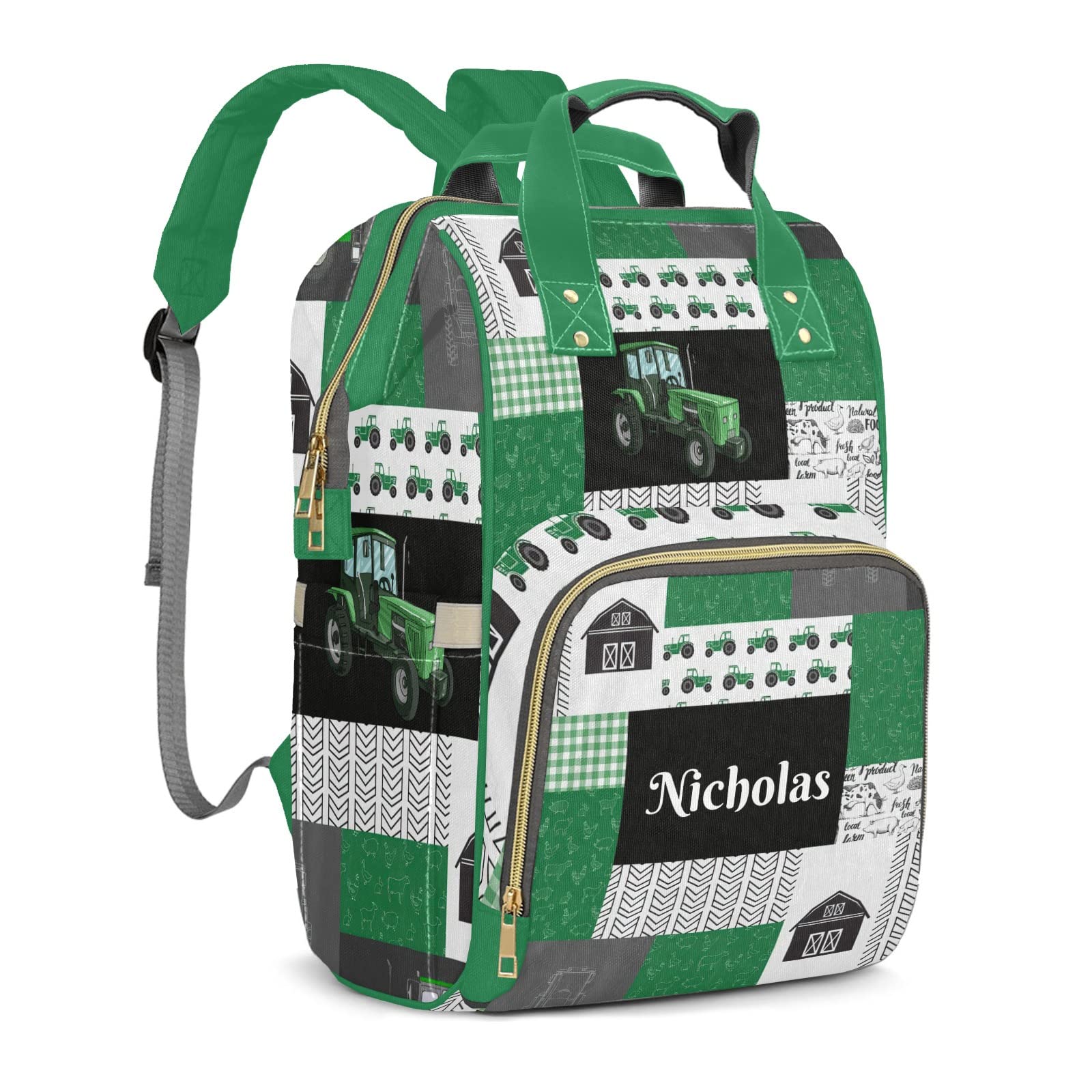 XIUCOO Personalized Patchwork Green Farming Vehicle Tractors Diaper Bag Backpack with Name Custom Nappy Mommy Bags for Baby Girl Boy Gifts