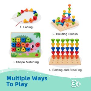 TOOKYLAND Peg Board Stacking Toy - 53pcs - Color and Shape Matching Game with Lacing Beads, Learning Sensory Pegboard Set for Kids 3 Years Old +