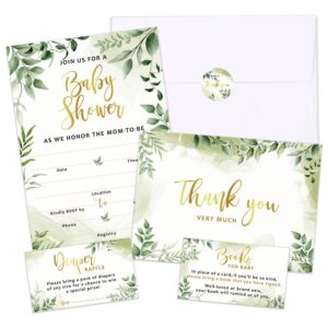 25 double-sided greenery baby shower invitation set with envelopes,gender neutral blank fill-in invites for boy or girl, double-sided diaper raffle, thank you cards and seals