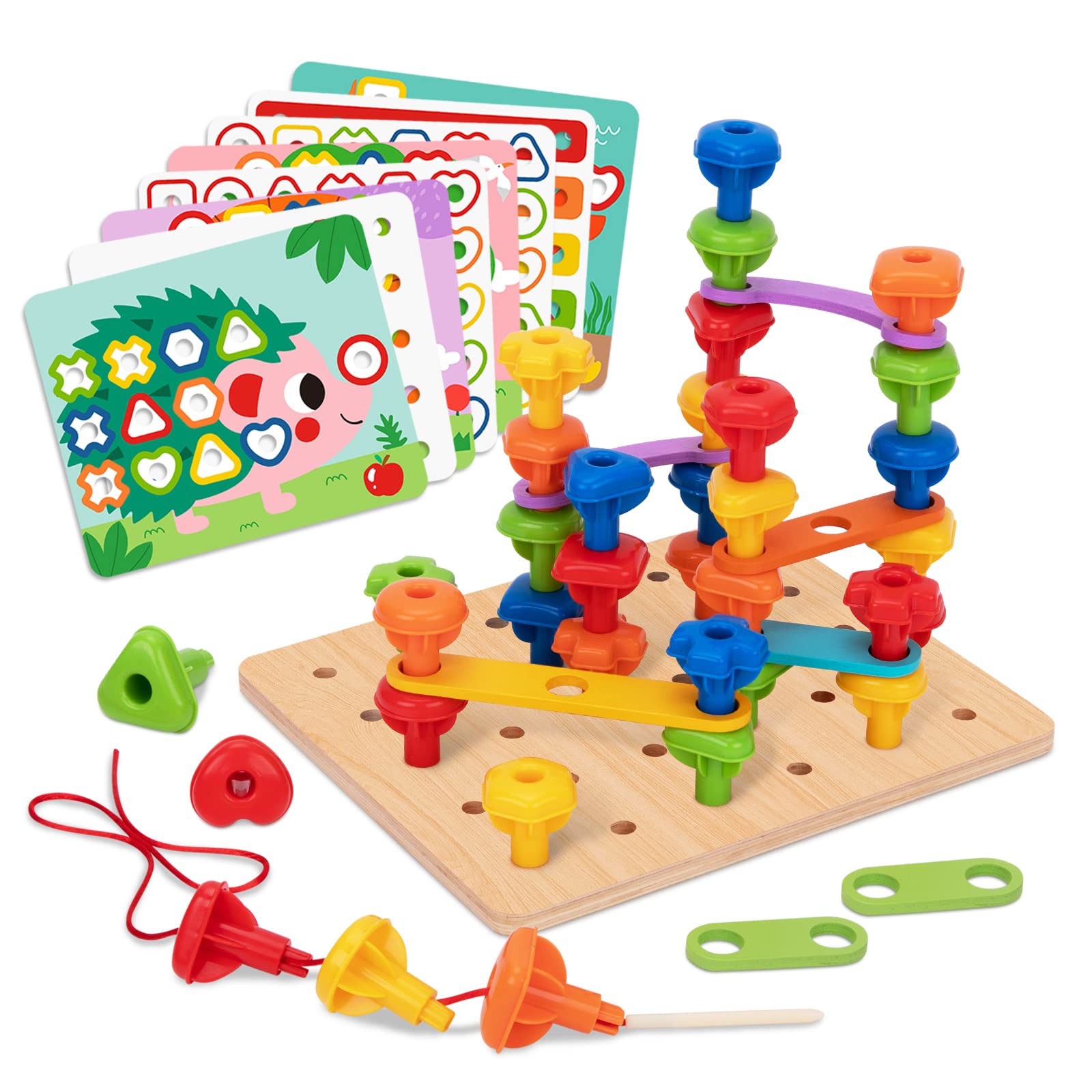 TOOKYLAND Peg Board Stacking Toy - 53pcs - Color and Shape Matching Game with Lacing Beads, Learning Sensory Pegboard Set for Kids 3 Years Old +