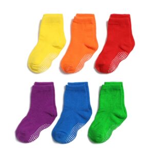 qiyiendian 6 pairs non slip cozy warm crew socks with grips for baby infant toddler kids boys girls（5-7 years，3-multicolor b）