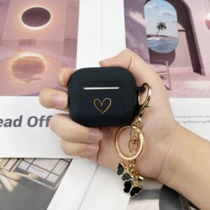 AIIEKZ Compatible with AirPods 3 Case Cover 2021, Soft Silicone Case with Gold Heart Pattern for AirPods 3rd Generation Case with Cute Butterfly Keychain for Girls Women (Black)