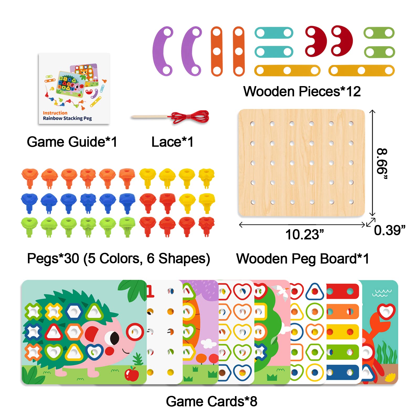 TOOKYLAND Peg Board Stacking Toy - 53pcs - Color and Shape Matching Game with Lacing Beads, Learning Sensory Pegboard Set for Kids 3 Years Old +