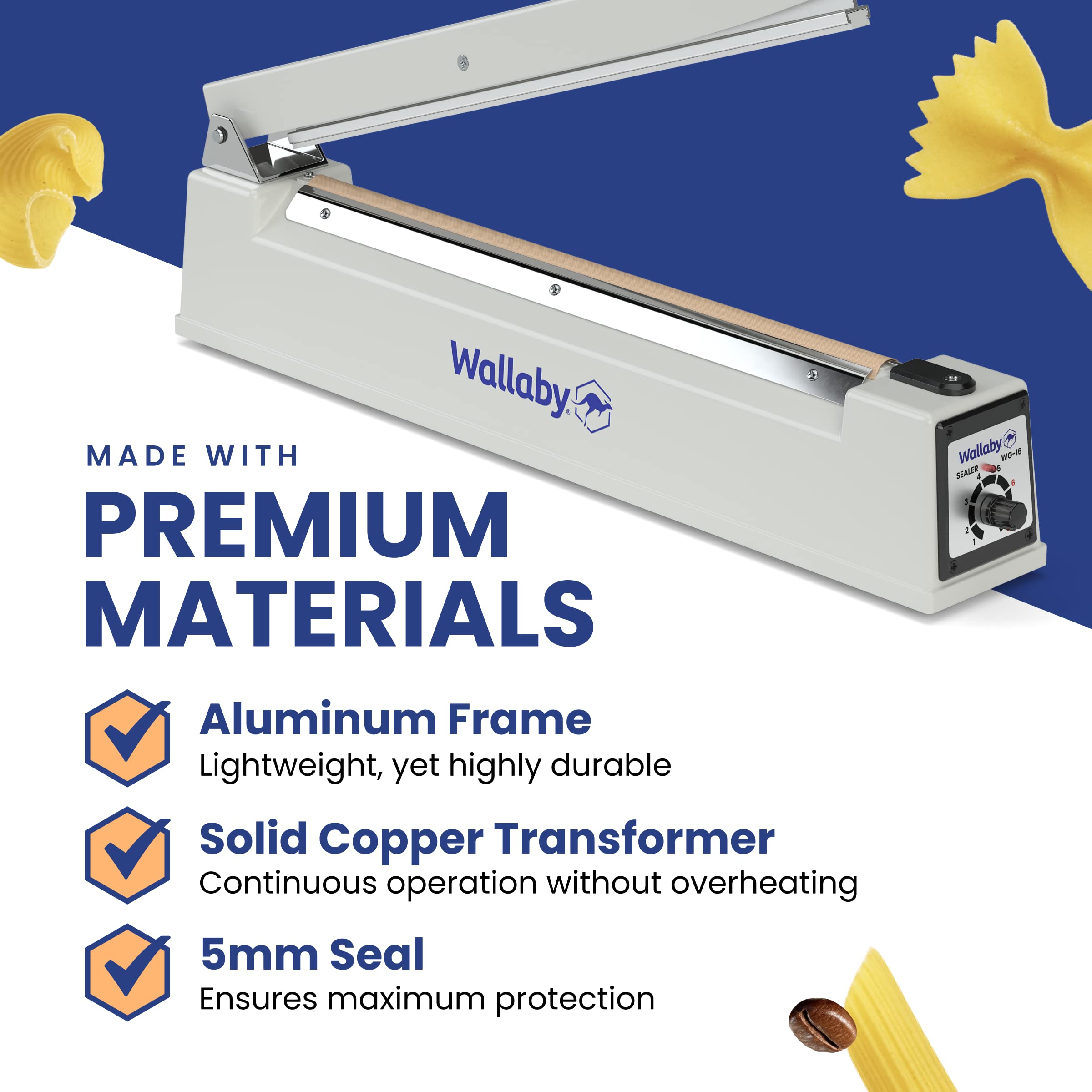 Wallaby Impulse Sealer - 16 inch - Manual Heat Sealer Machine for Mylar Bags - Heavy Duty for Strong, Secure Sealing for Long Term Food Storage - Two Fuse & Strip Replacement Kits Included (White)