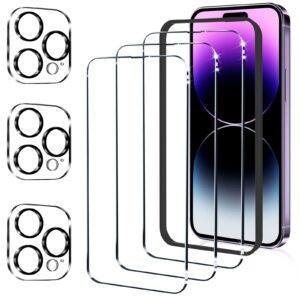 ymhml [3+3] 3 pack iphone 14 pro screen protector with 3 pack camera lens protector, upgrade tempered glass full screen protector for iphone 14 pro (6.1 inch), hd bubble free easy installation