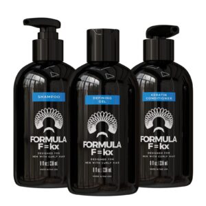 formula f=kx curly hair system for men - 3-step fine & wavy hair care - shampoo, conditioner, curl defining gel - sulfate free, ocean scent - 8oz each