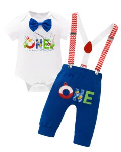 kewlent baby boys fishing 1st birthday outfit cake smash bowtie romper + shorts + suspenders + hat clothes set for photo shoot(blue02,12-18 months)