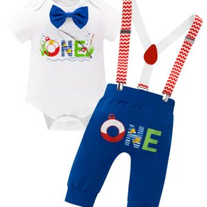 Kewlent Baby Boys Fishing 1st Birthday Outfit Cake Smash Bowtie Romper + Shorts + Suspenders + Hat Clothes Set for Photo Shoot(Blue02,12-18 Months)