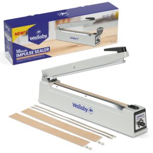 wallaby impulse sealer - 16 inch - manual heat sealer machine for mylar bags - heavy duty for strong, secure sealing for long term food storage - two fuse & strip replacement kits included (white)