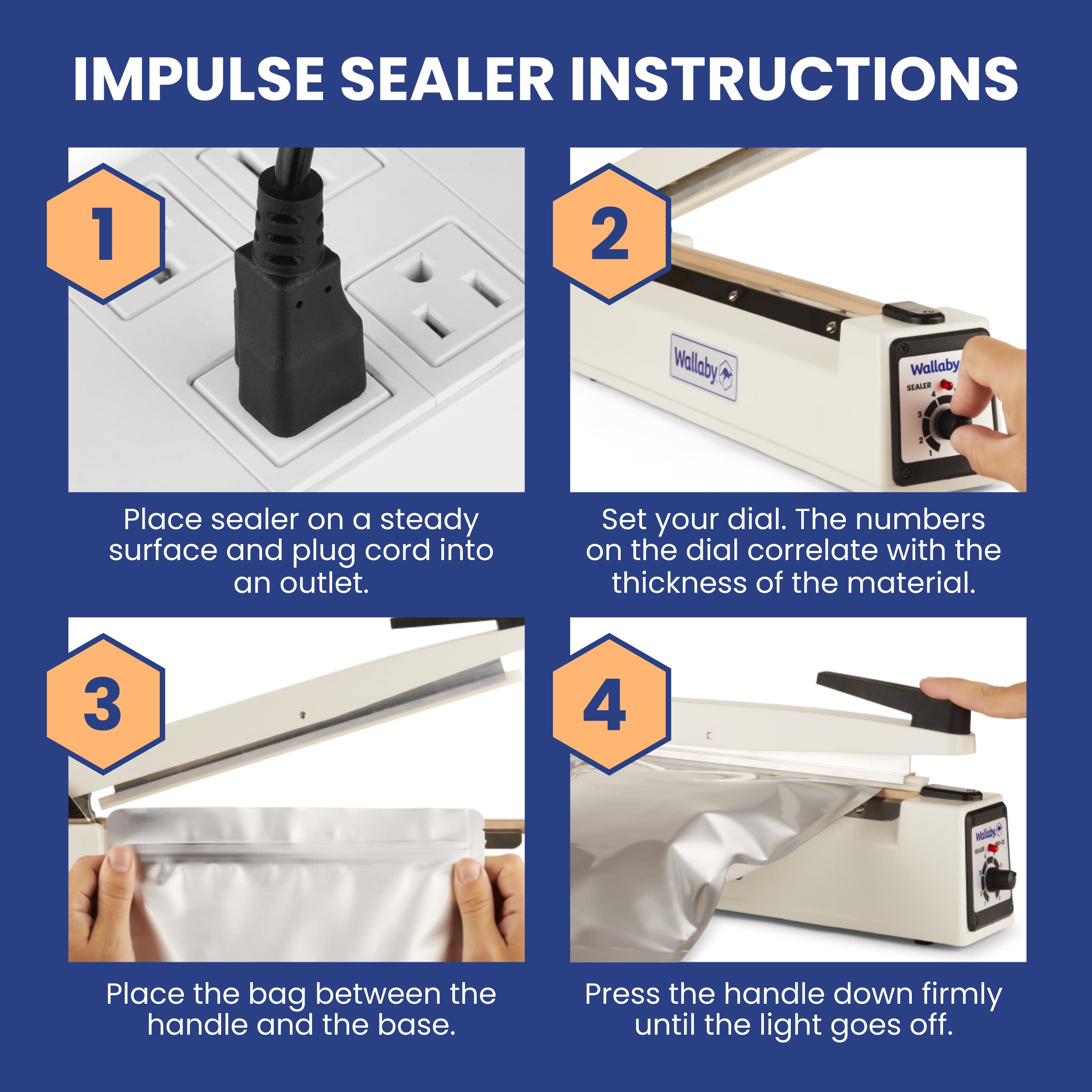 Wallaby Impulse Sealer - 16 inch - Manual Heat Sealer Machine for Mylar Bags - Heavy Duty for Strong, Secure Sealing for Long Term Food Storage - Two Fuse & Strip Replacement Kits Included (White)