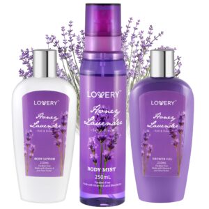 bath and body gift set for women & men, honey lavender home spa set with natural extracts, vitamin e, shea butter - shower gel, body lotion, body mist, personal self care kit, body care travel set