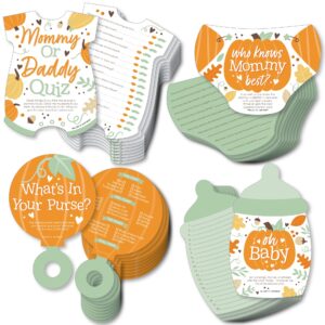 big dot of happiness little pumpkin decorations, 4 fall baby shower games, 10 cards each - who knows mommy best, mommy or daddy quiz, what’s in your purse and oh baby - gamerific bundle