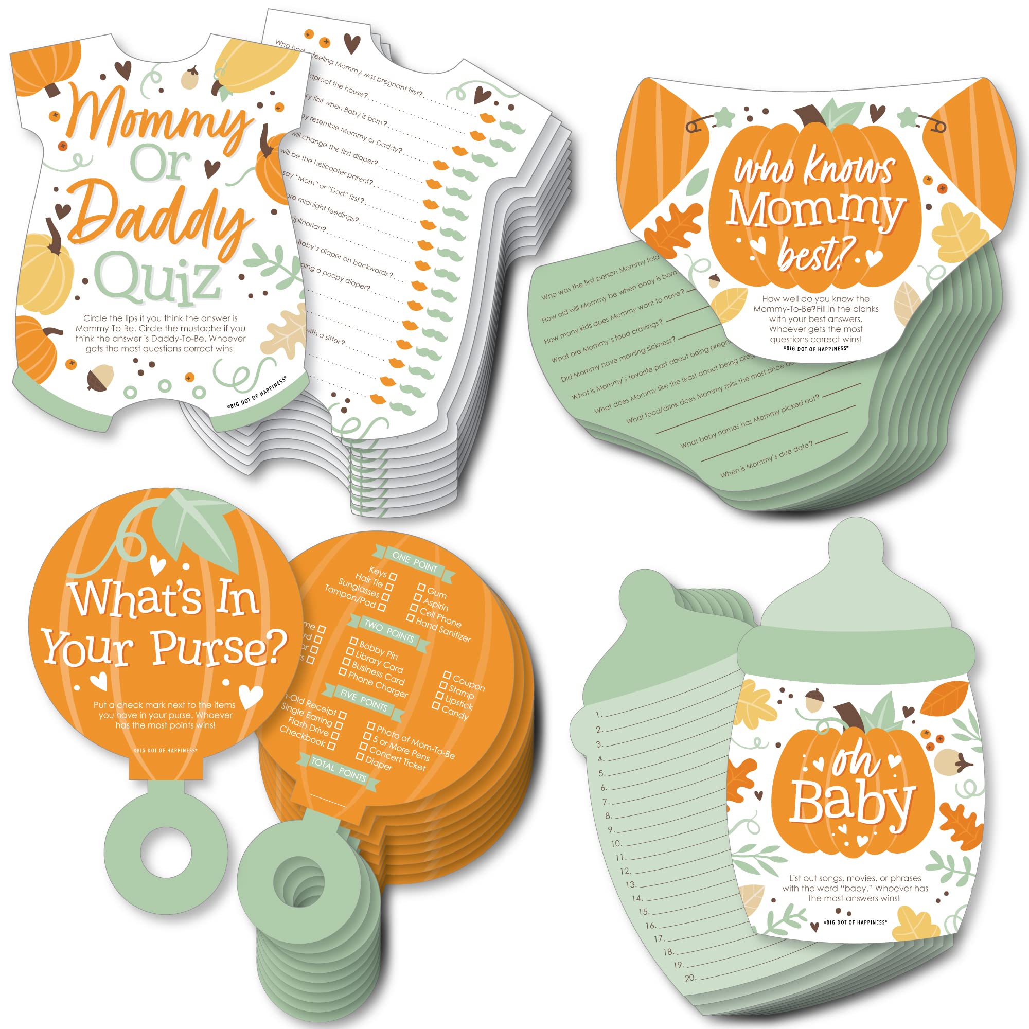 Big Dot of Happiness Little Pumpkin Decorations, 4 Fall Baby Shower Games, 10 Cards Each - Who Knows Mommy Best, Mommy or Daddy Quiz, What’s in Your Purse and Oh Baby - Gamerific Bundle