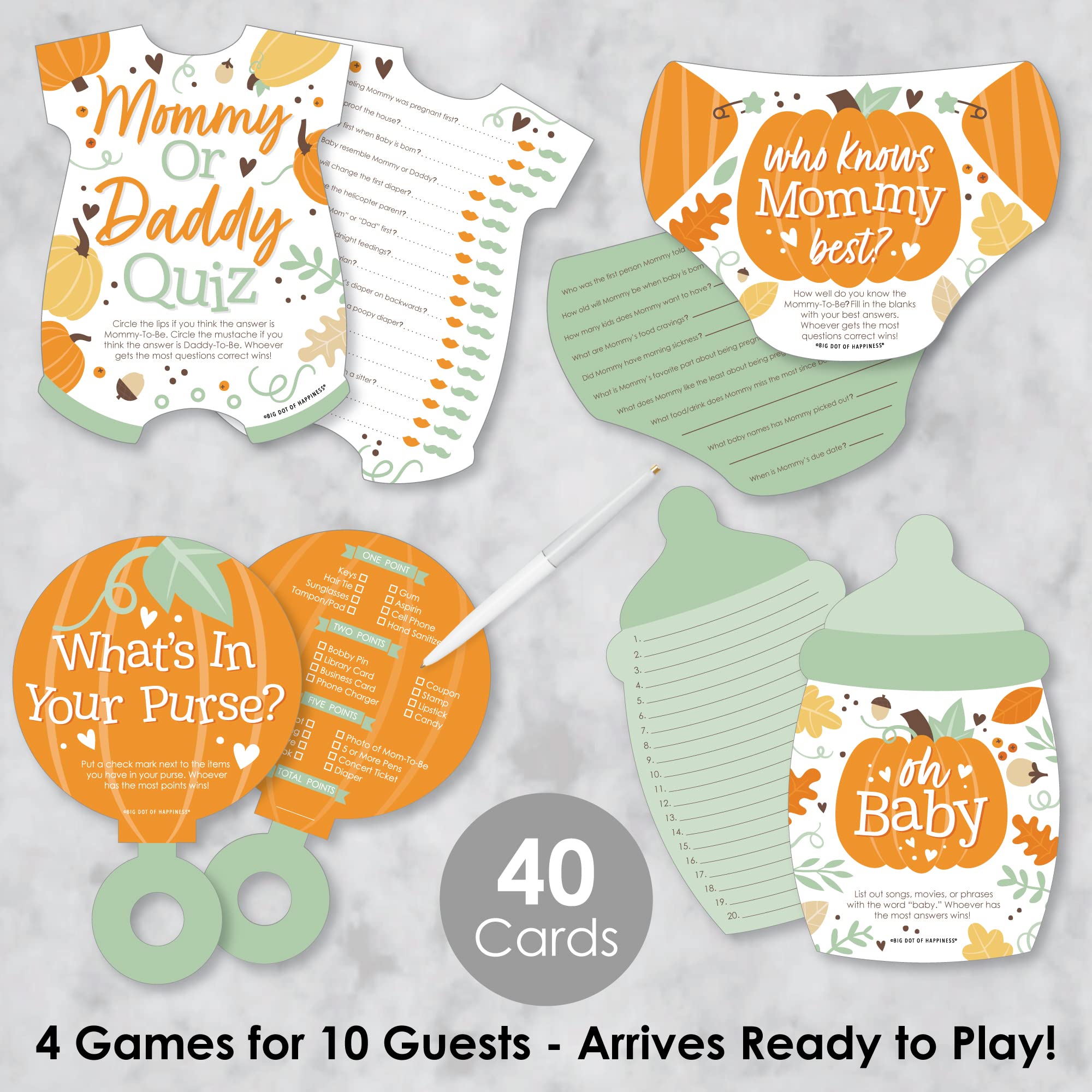 Big Dot of Happiness Little Pumpkin Decorations, 4 Fall Baby Shower Games, 10 Cards Each - Who Knows Mommy Best, Mommy or Daddy Quiz, What’s in Your Purse and Oh Baby - Gamerific Bundle