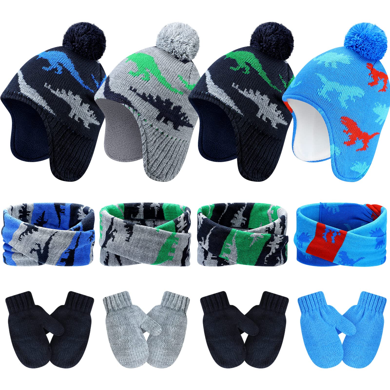 12 Pieces Baby Boy Hat Scarf Mittens Set Toddler Winter Warm Hat Knitted Beanie Gloves for Boys (Medium)